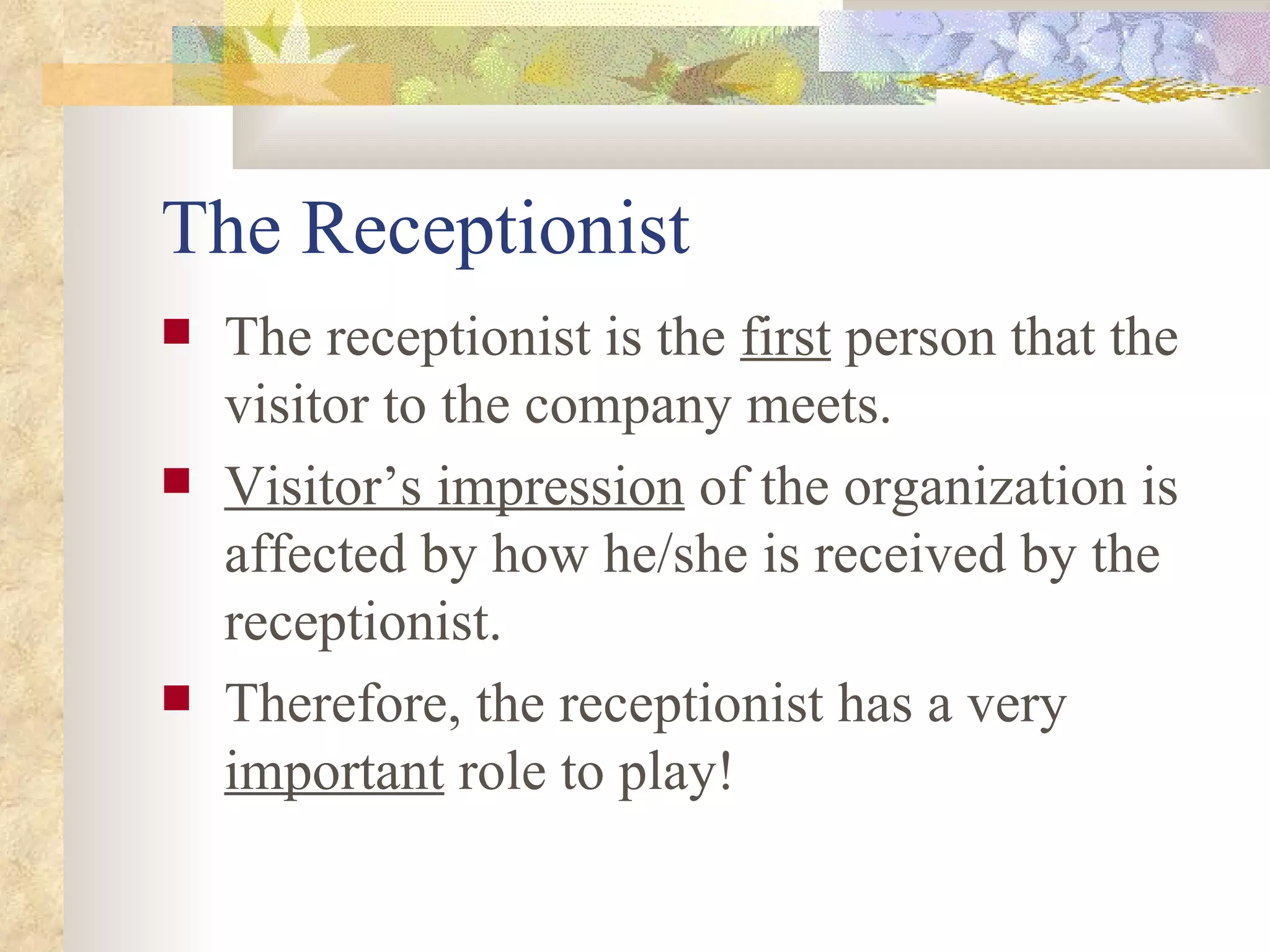 Chap 3 the receptionist | PPT