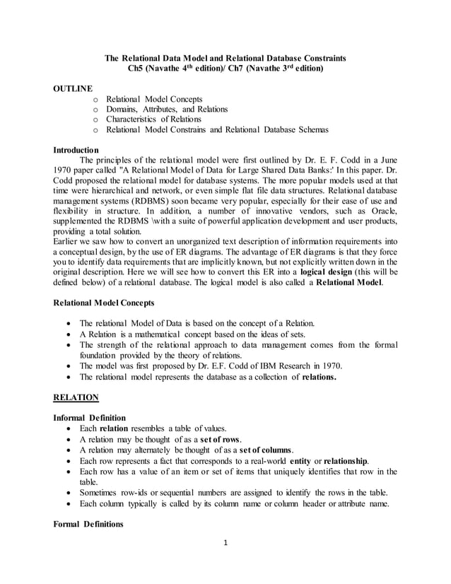 The Relational Data Model And Relational Database Constraints Ch5 Navathe 4th Edition Ch7