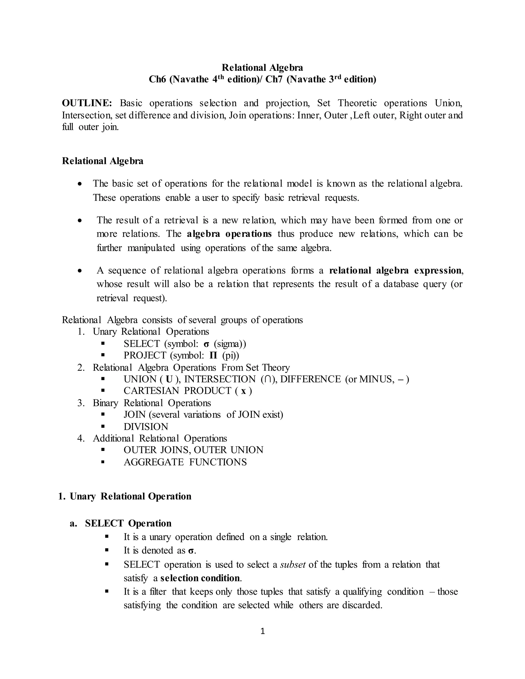Relational Algebra Ch6 (Navathe 4th edition)/ Ch7 (Navathe 3rd edition ...