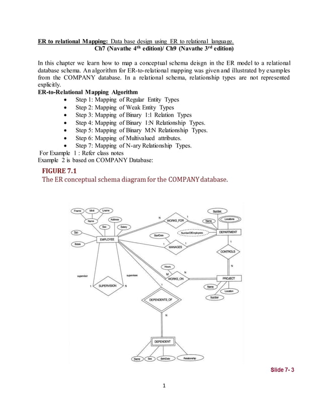 ER to relational Mapping: Data base design using ER to relational language. Ch7 (Navathe 4th ...