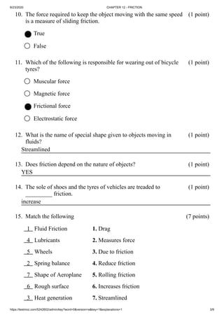 Chapetr 12 friction (quiz) | PDF