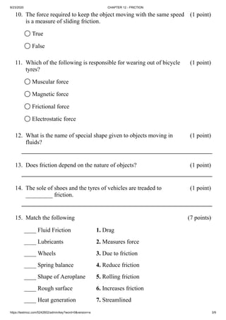Chapetr 12 friction (quiz) | PDF
