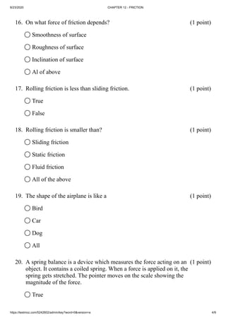 Chapetr 12 friction (quiz) | PDF