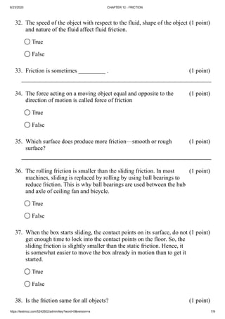 Chapetr 12 friction (quiz) | PDF