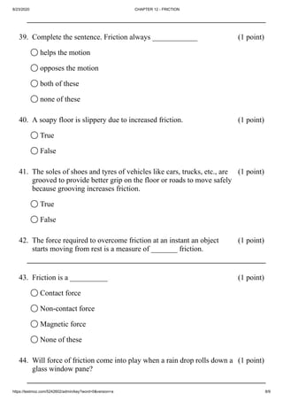 Chapetr 12 friction (quiz) | PDF