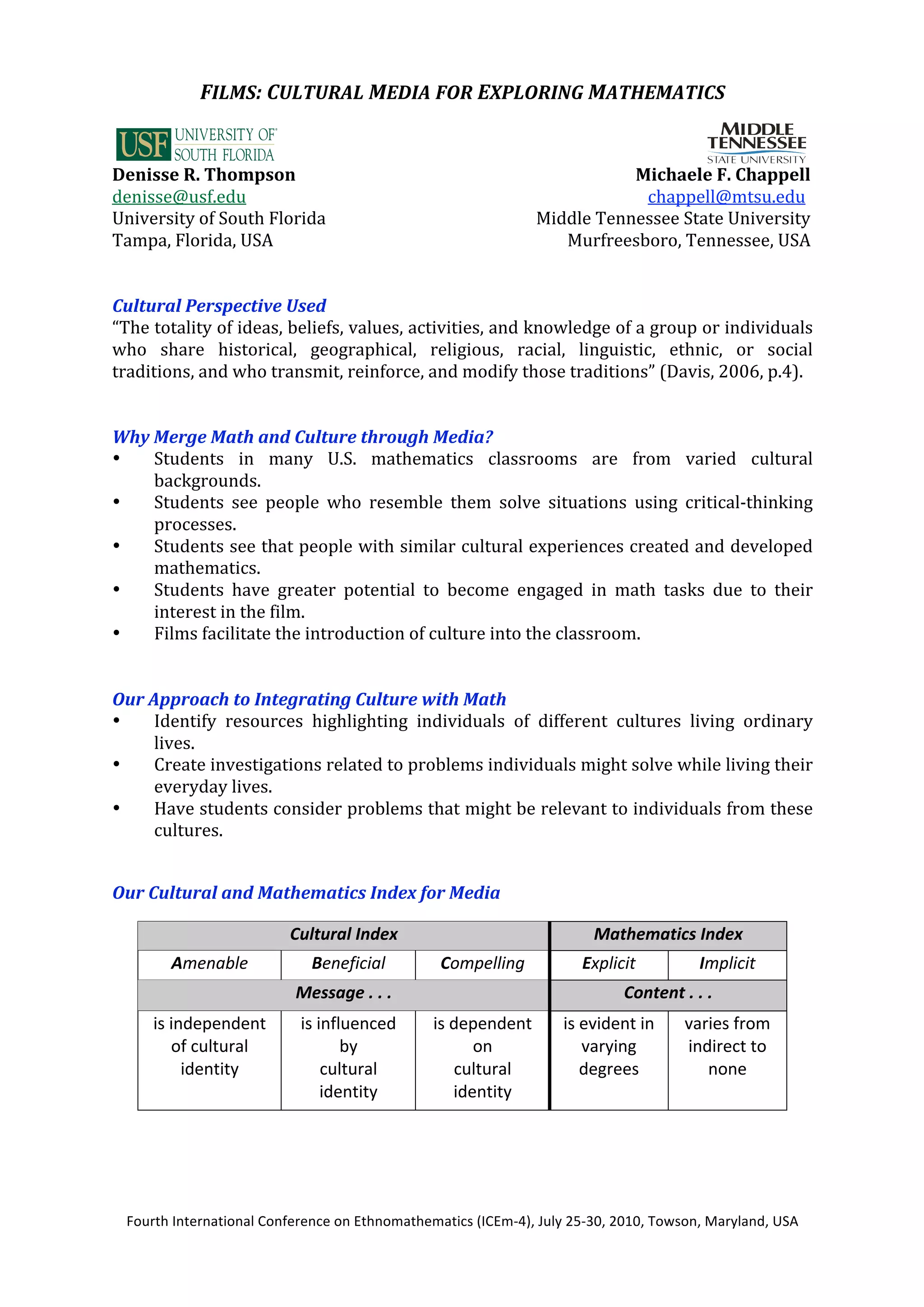 FILMS: CULTURAL MEDIA FOR EXPLORING MATHEMATICS | PDF