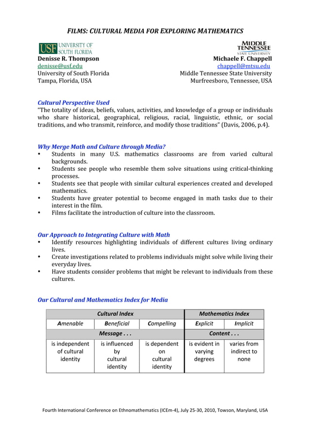 FILMS: CULTURAL MEDIA FOR EXPLORING MATHEMATICS | PDF