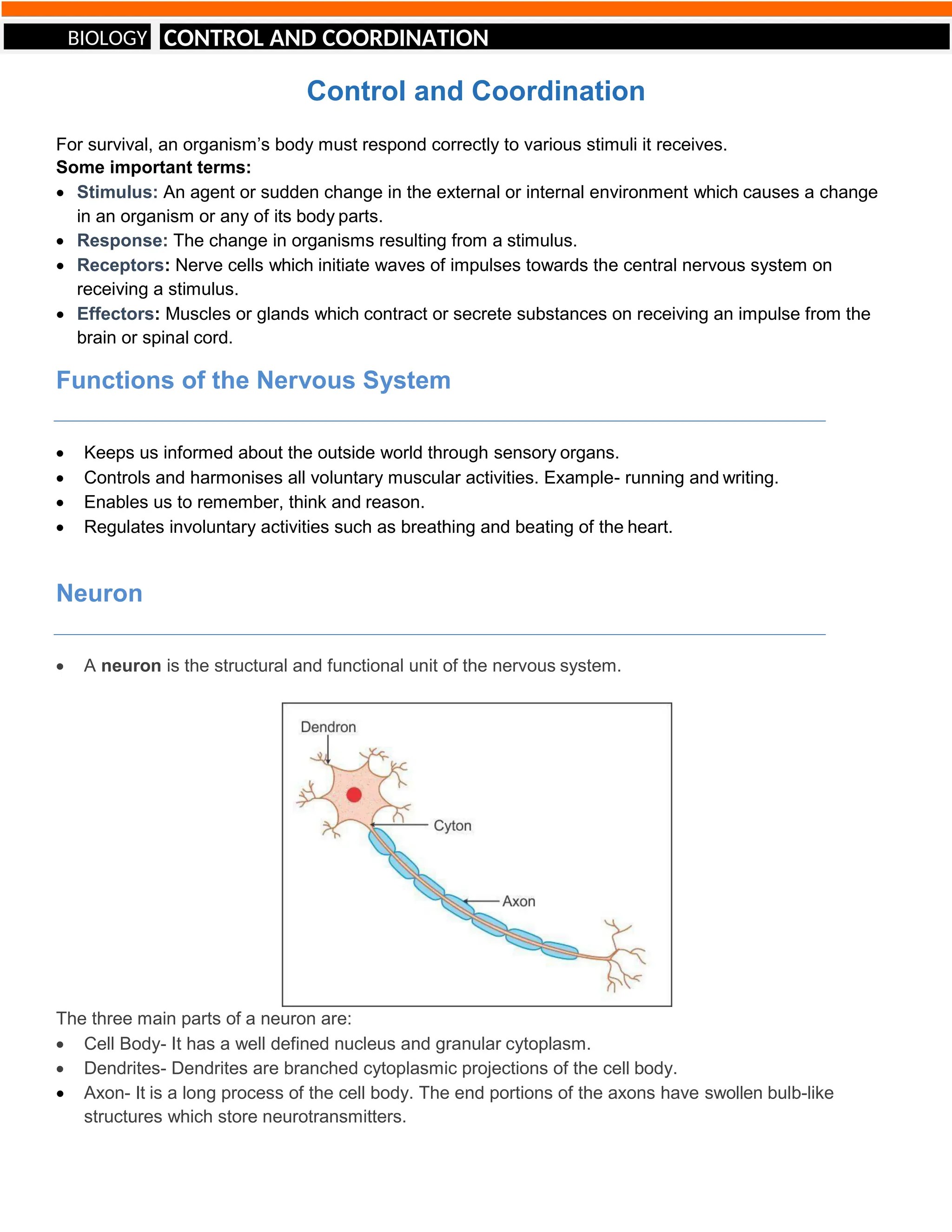 CBSE - Grade 10 - Science - Biology - Ch 2 - Control and Coordination ...