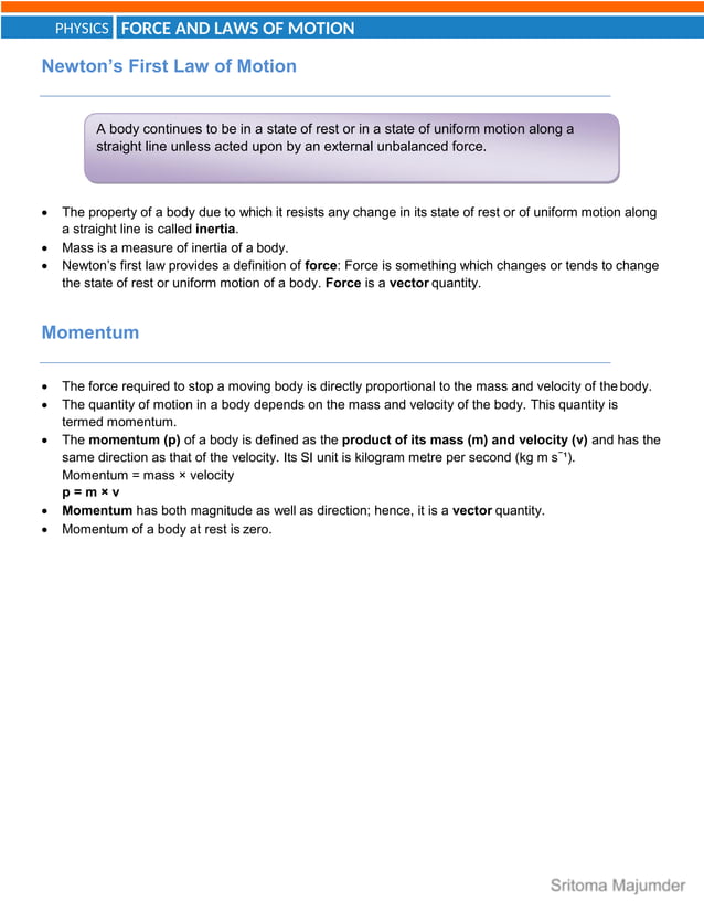 CBSE Grade 9 Science (Physics) Ch 2 Force and Laws of Motion Notes | PDF