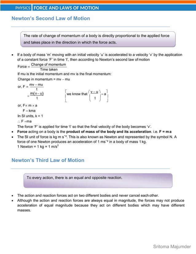CBSE Grade 9 Science (Physics) Ch 2 Force and Laws of Motion Notes | PDF
