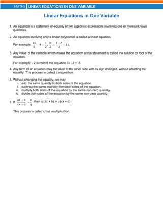 CBSE Grade 8 Mathematics Ch 2 Linear Equation in One Variable Notes | PDF