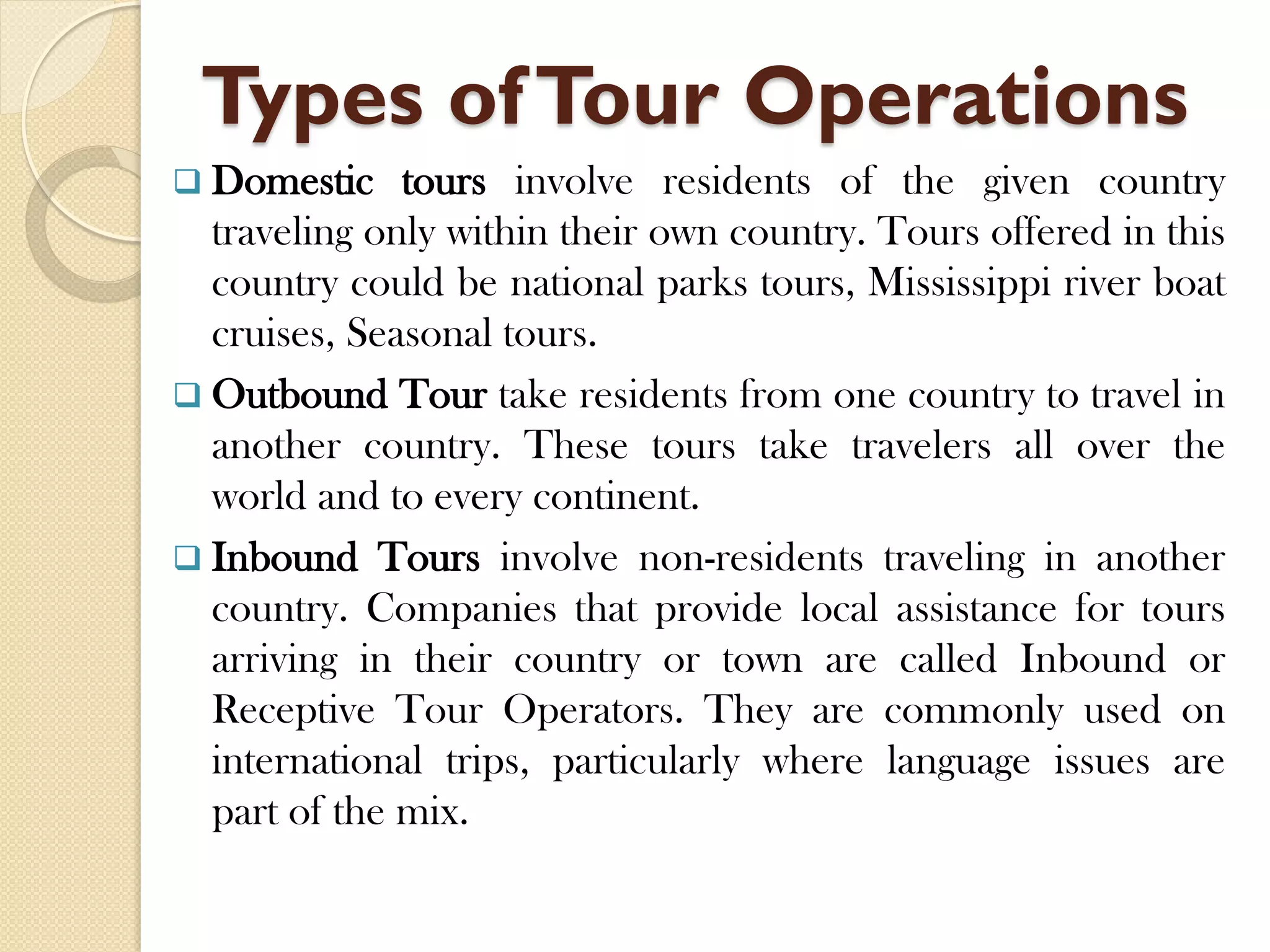 Types of Tour Operations (Travel Agency & Tour Operations) | PDF