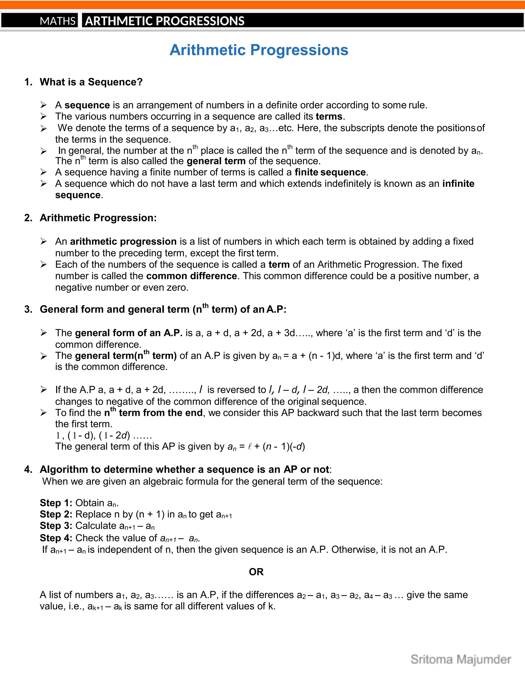 CBSE Grade 10 Mathematics Ch 5 Arithmetic Progression Notes | PDF