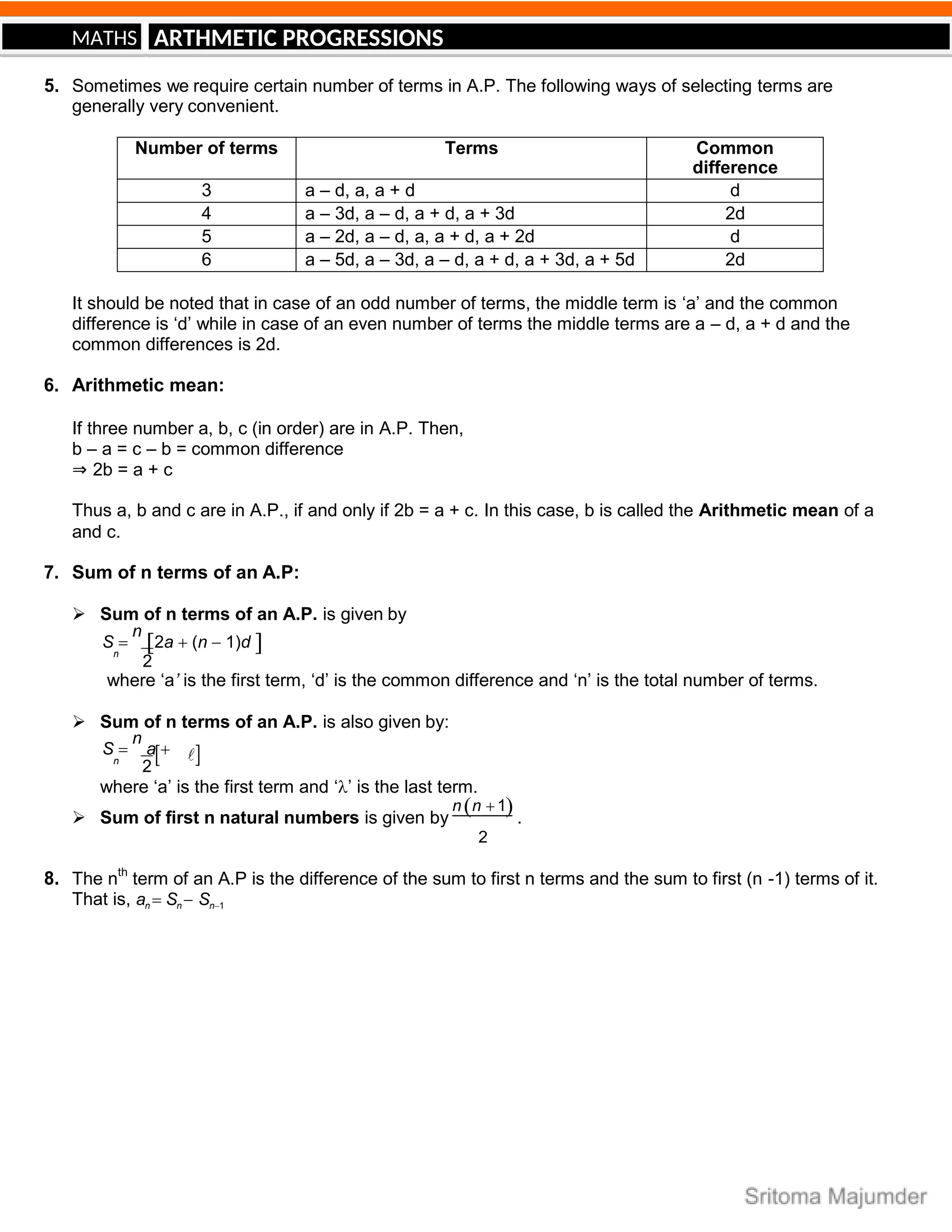CBSE Grade 10 Mathematics Ch 5 Arithmetic Progression Notes | PDF