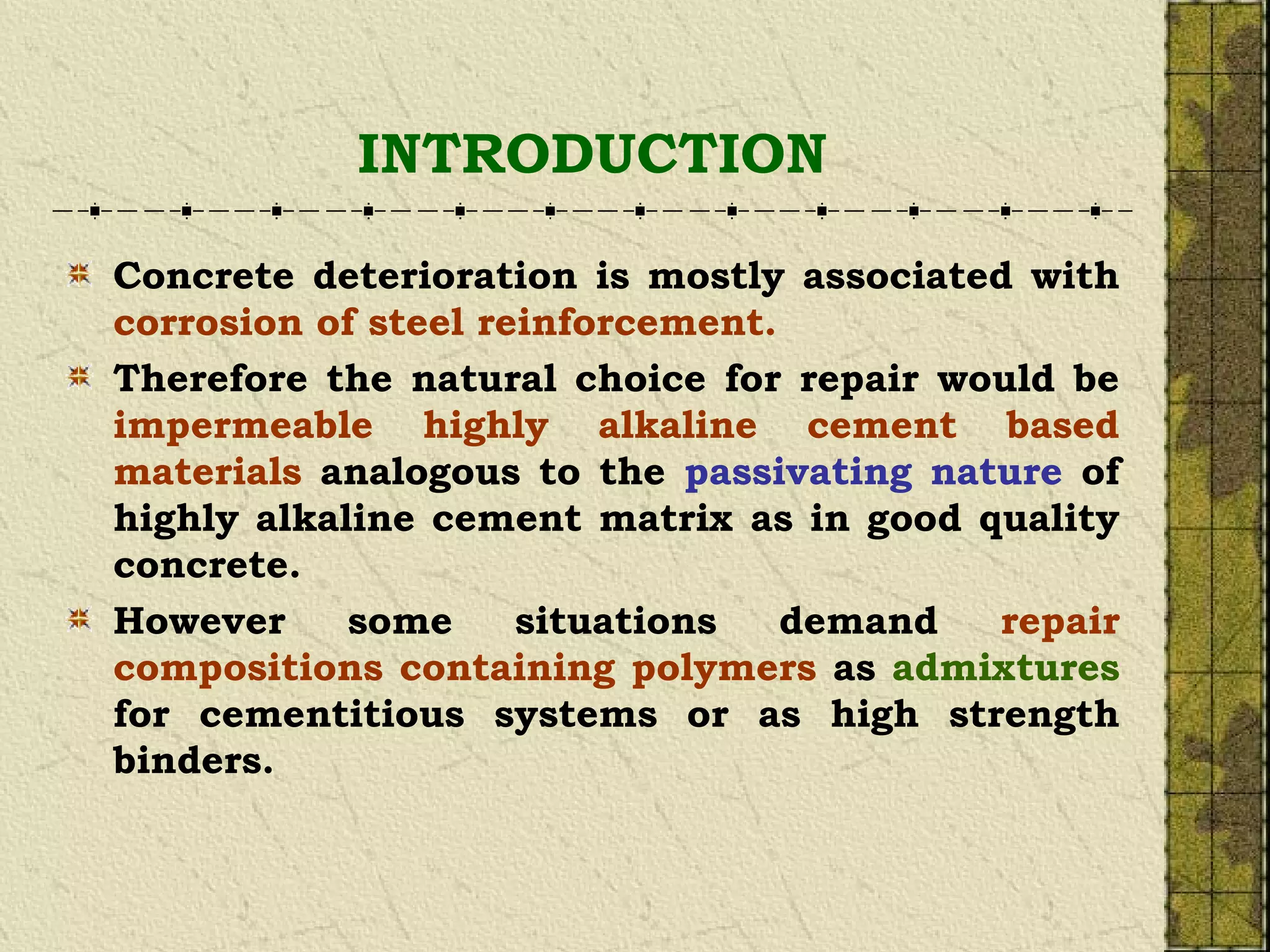 polymers for concrete repair | PPT | Chemistry | Science