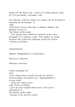 Chapter 07 My Movie Log Criteria for Acting Analysis (Due by 1159 | PDF