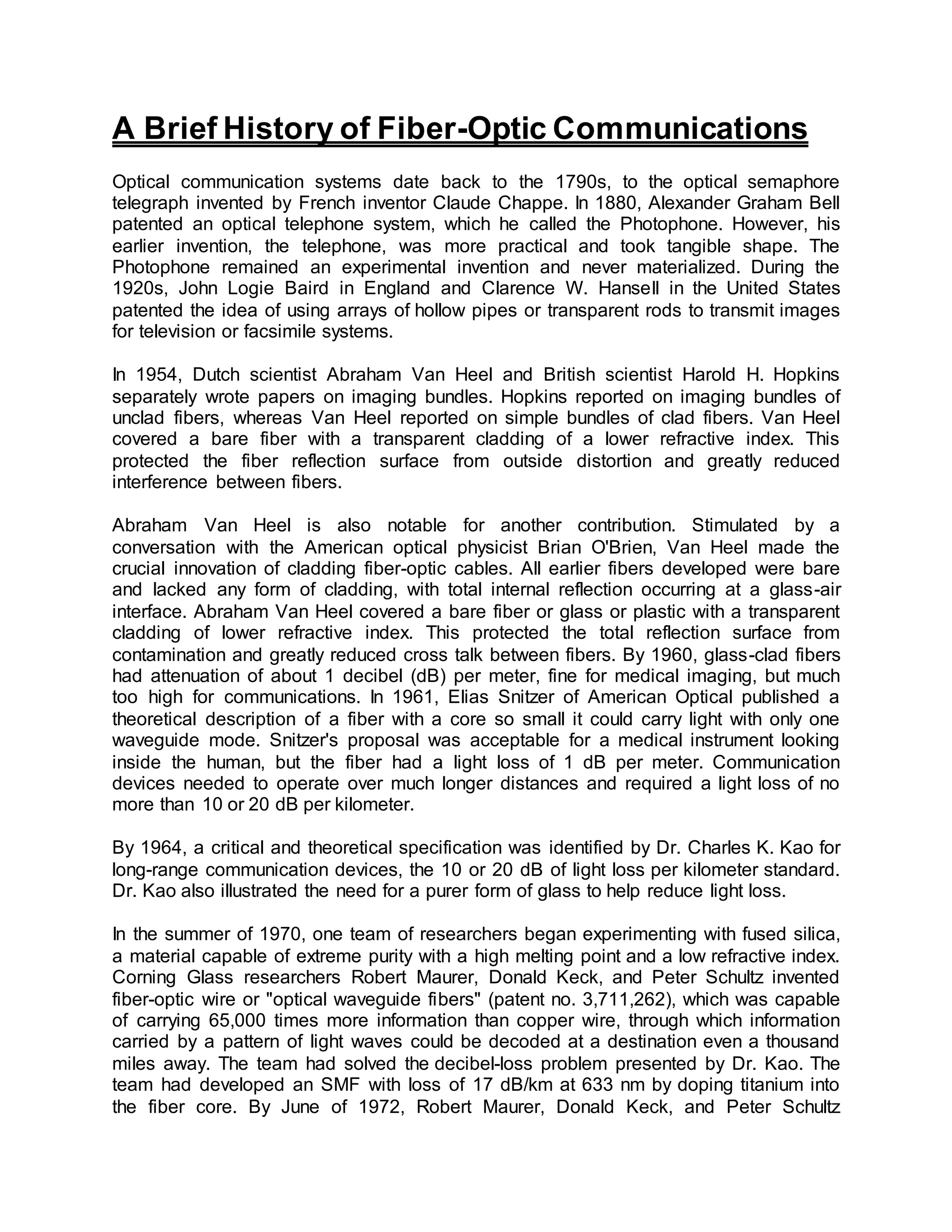 Brief History of optical fiber | DOCX