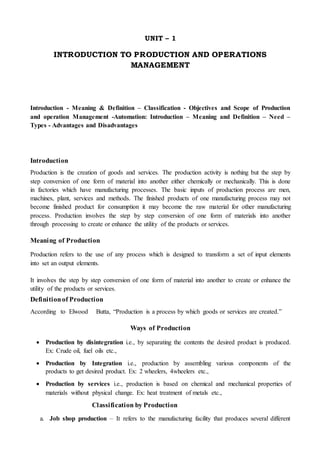 INTRODUCTION TO PRODUCTION AND OPERATIONS MANAGEMENT - Unit 1 (BBA ...