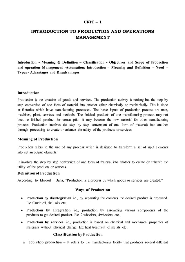 INTRODUCTION TO PRODUCTION AND OPERATIONS MANAGEMENT - Unit 1 (BBA-Bangalore Central University ...