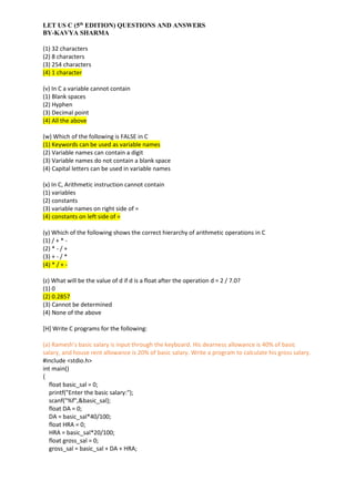 LET US C (5th EDITION) CHAPTER 1 ANSWERS | PDF