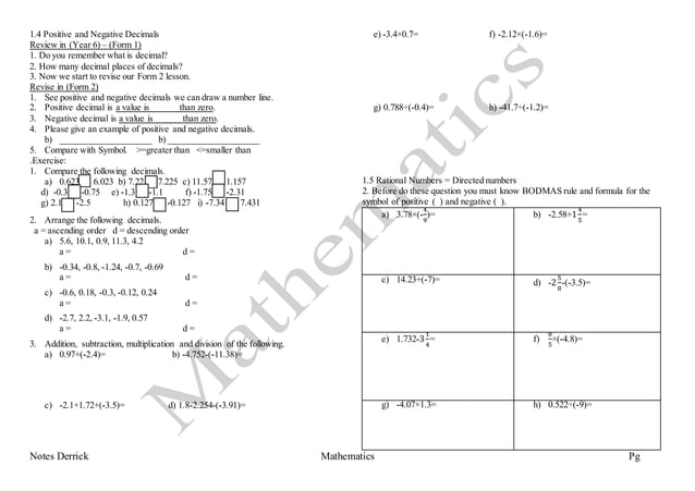 Mathematics Form 1-Chapter 1 Rational Numbers -Integers -Basic ...