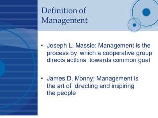 MANAGEMENT- DEFINITION, OBJECTIVES,CHARACTERISTICS AND FUNCTION | PPTX
