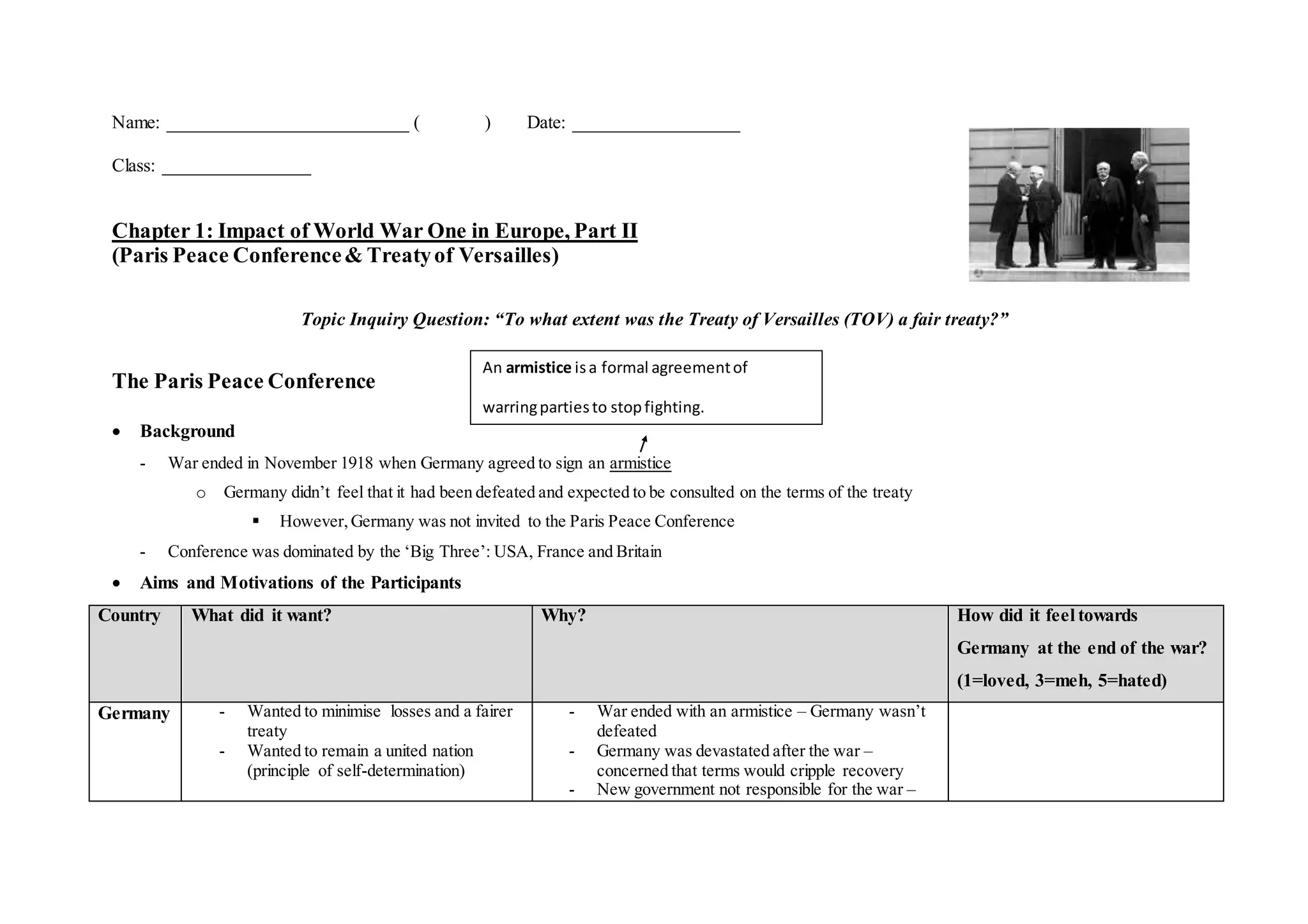 Chapter 1 Treaty of Versailles Notes | PPT