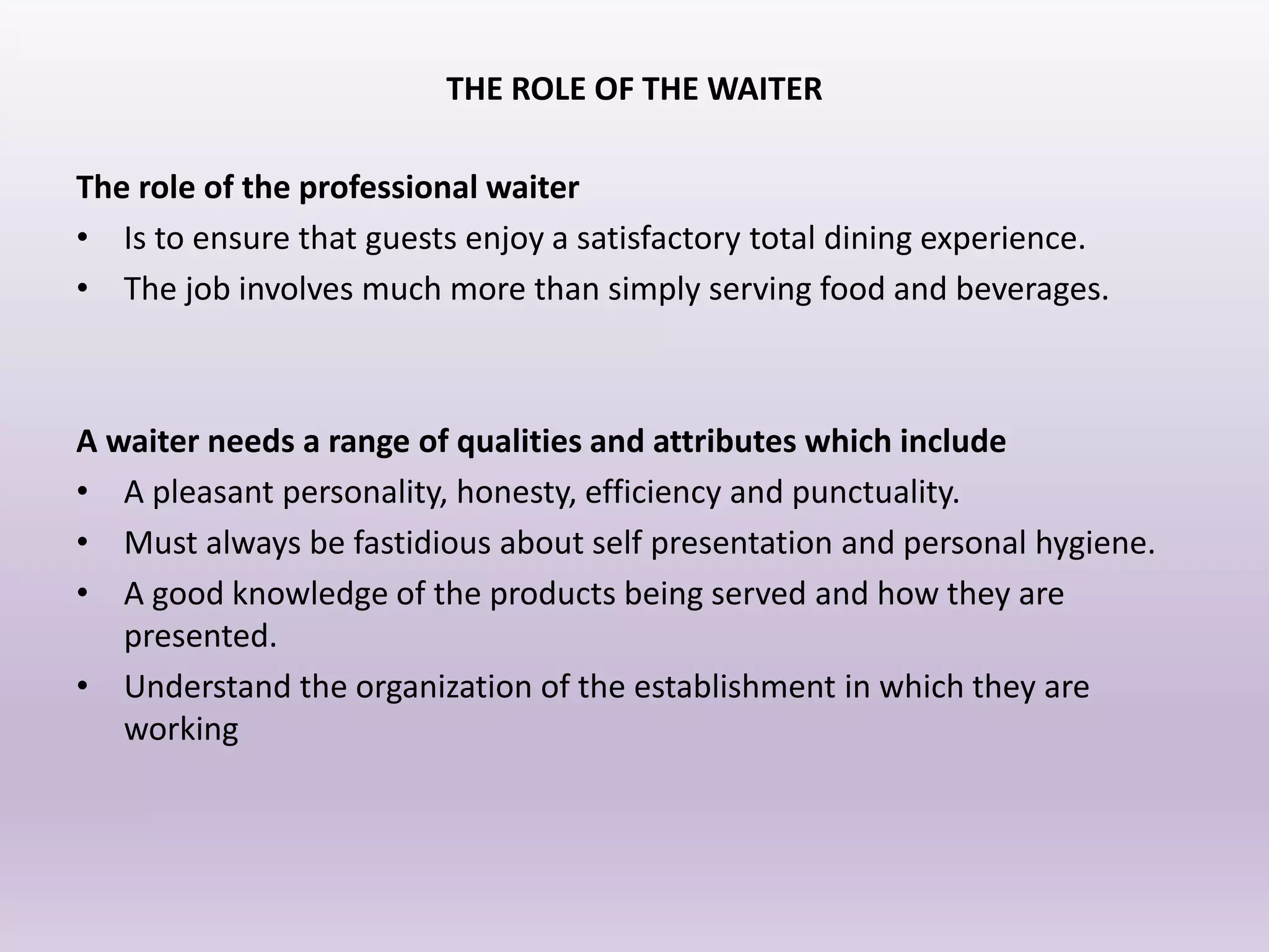 INTRODUCTION TO HOSPITALITY AND THE WAITER | PPTX