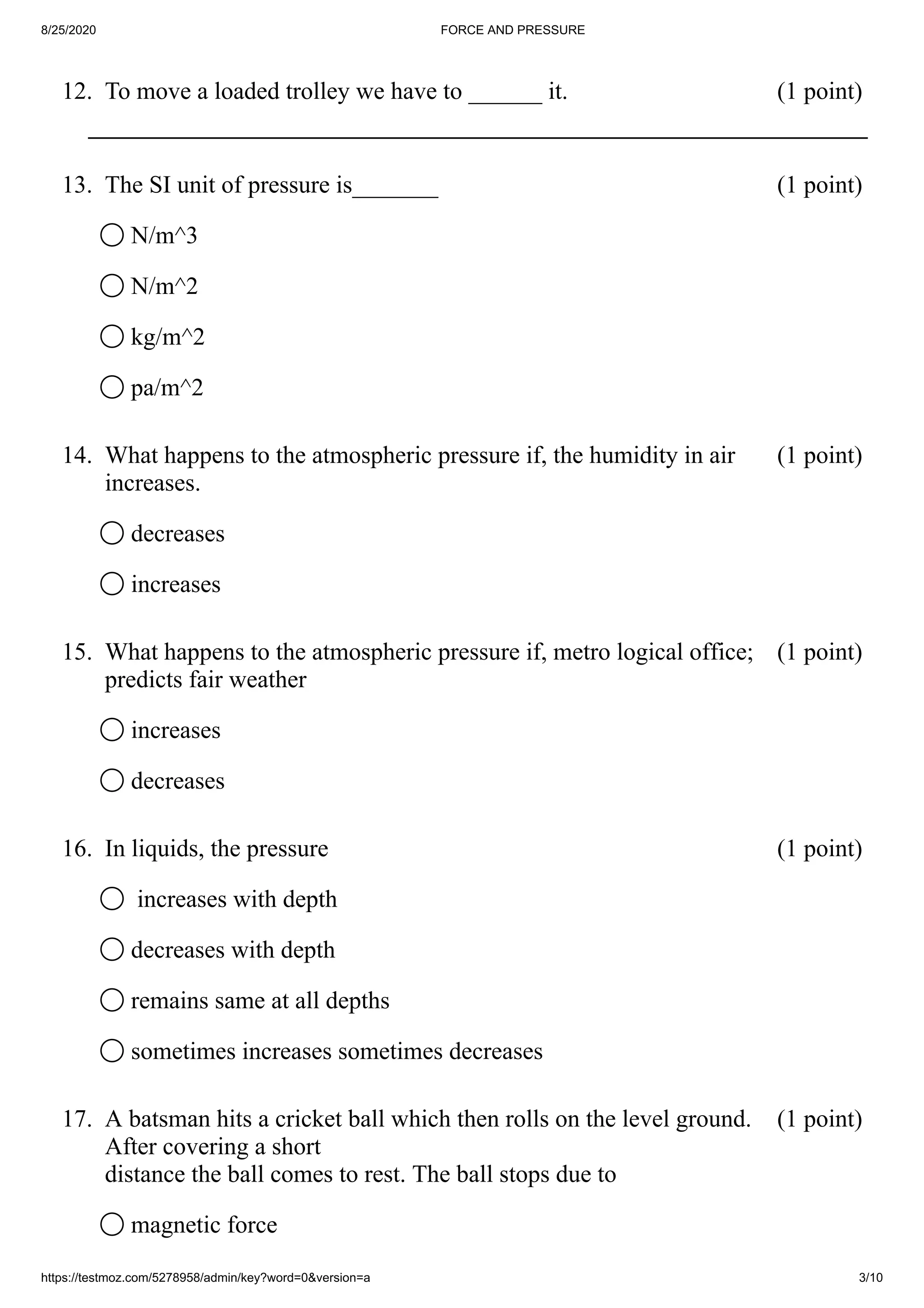 Chapter 11 force & pressure (QUIZ) | PDF