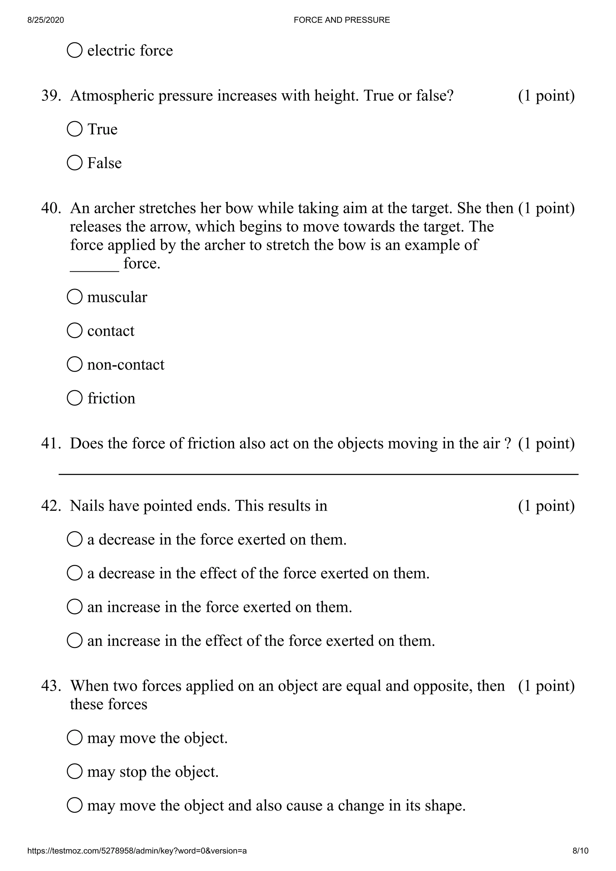Chapter 11 force & pressure (QUIZ) | PDF