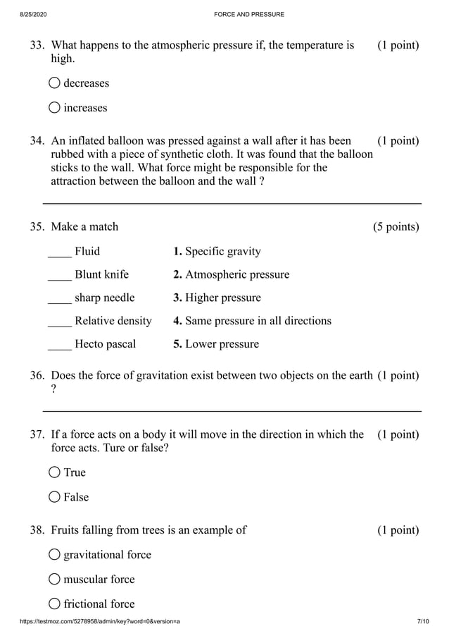 Chapter 11 force & pressure (QUIZ) | PDF