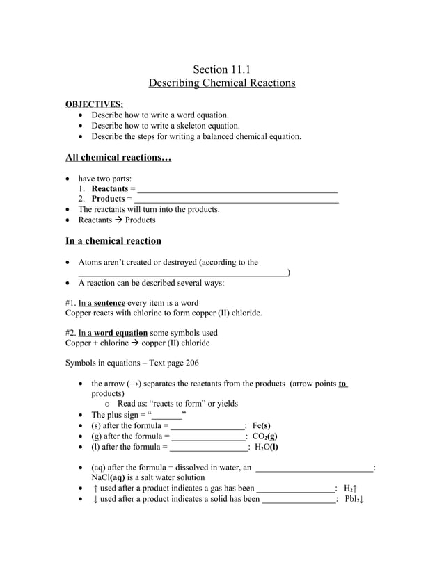 Chemistry - Chp 11 - Chemical Reactions - Notes | DOC