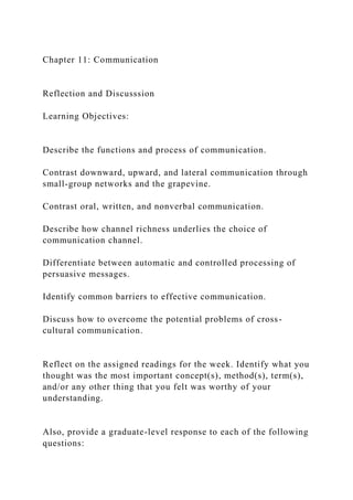 Chapter 11 CommunicationReflection and DiscusssionLearnin.docx