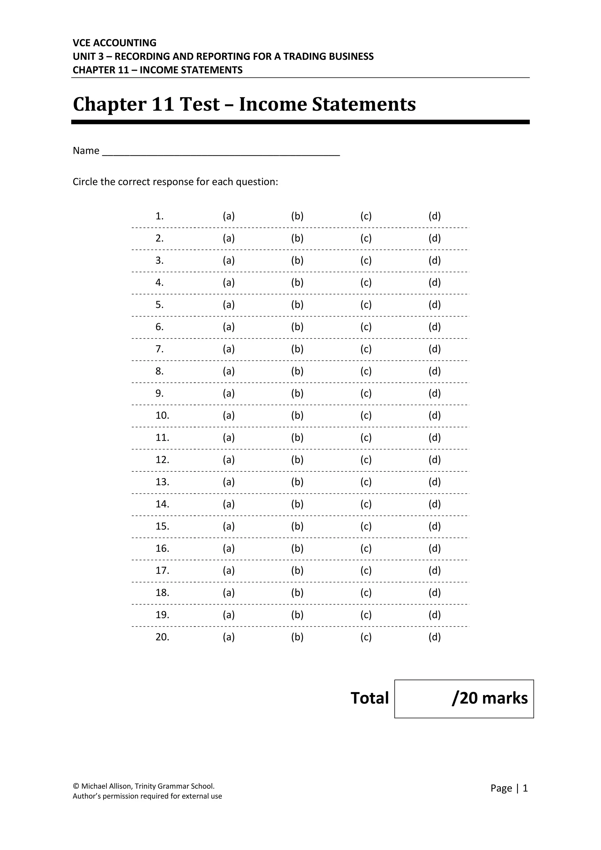 Chapter 11 Income Statements – Test | PDF