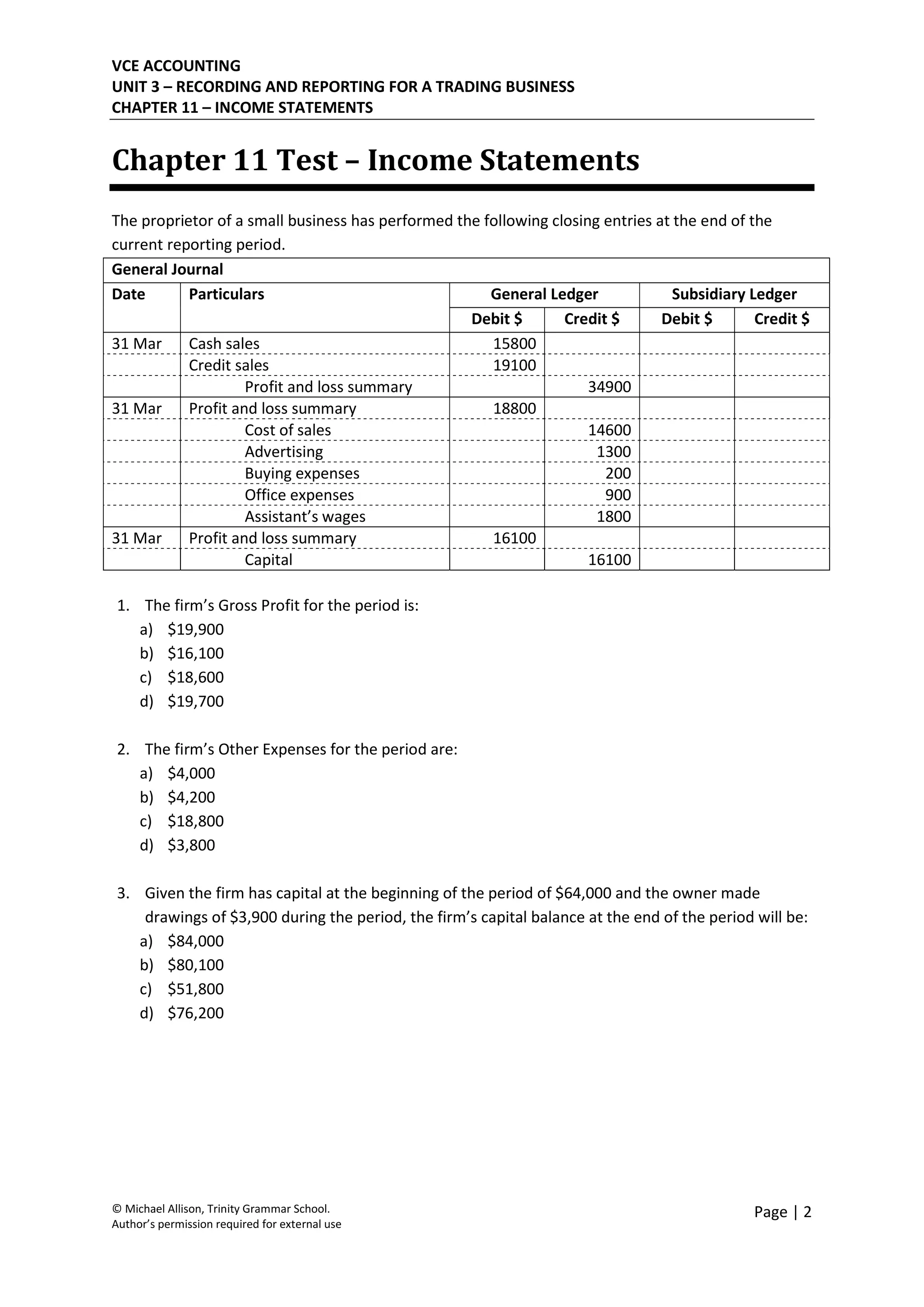 Chapter 11 Income Statements – Test | PDF