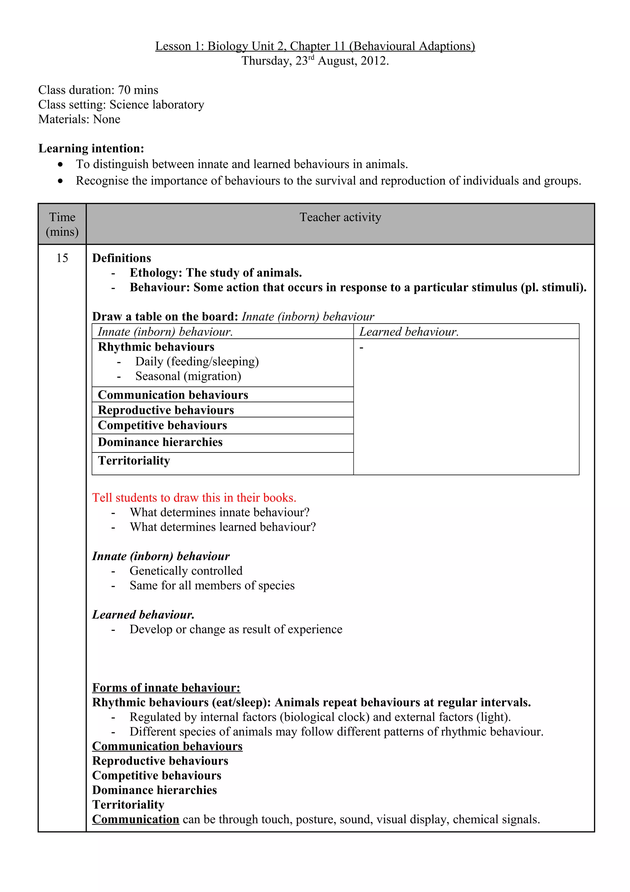 Biology: Animal Behaviour (Intro Lesson) | DOC