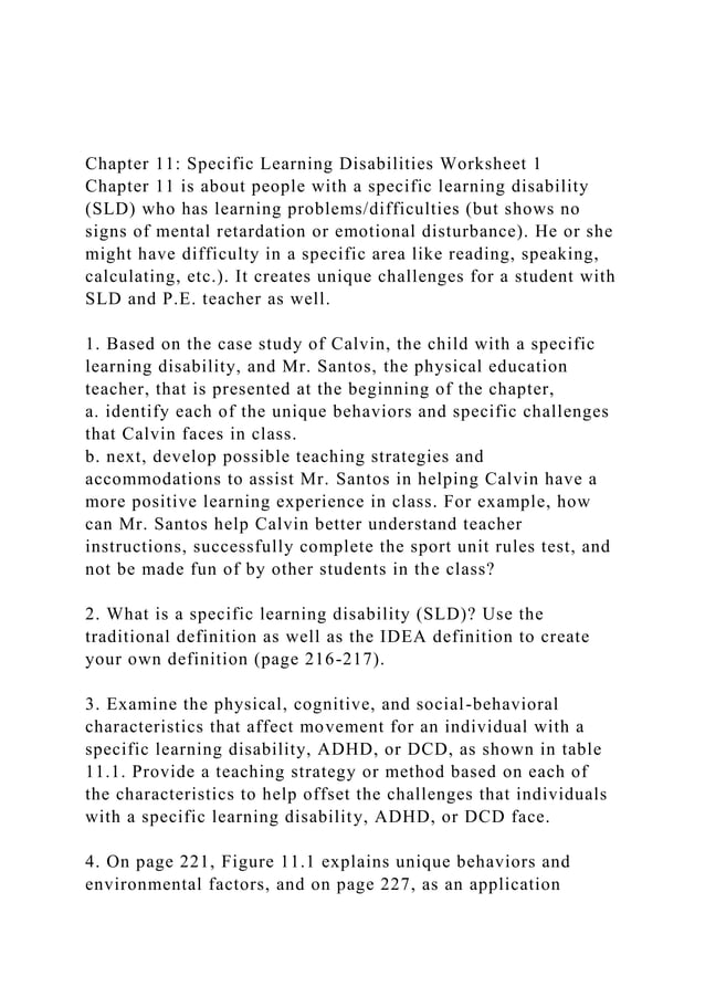 Chapter 11 Specific Learning Disabilities Worksheet 1Chapter .docx ...
