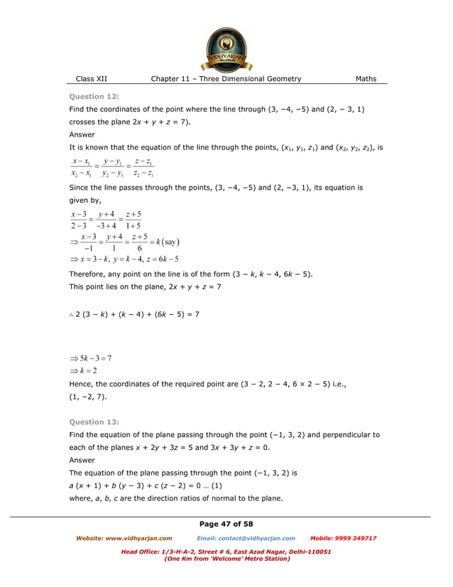 Chapter 11 three_dimensional_geometry | PDF