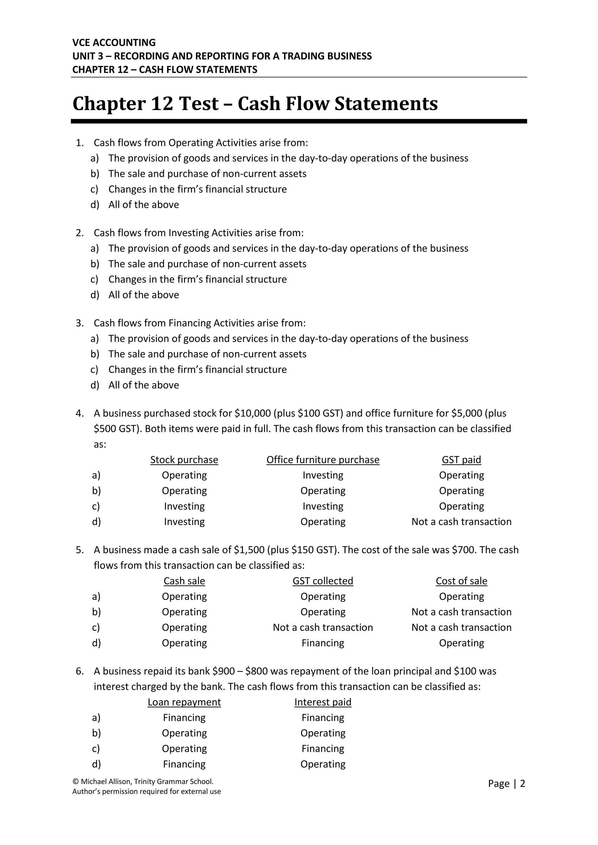 Chapter 12 Cash Flow Statements – Test | PDF