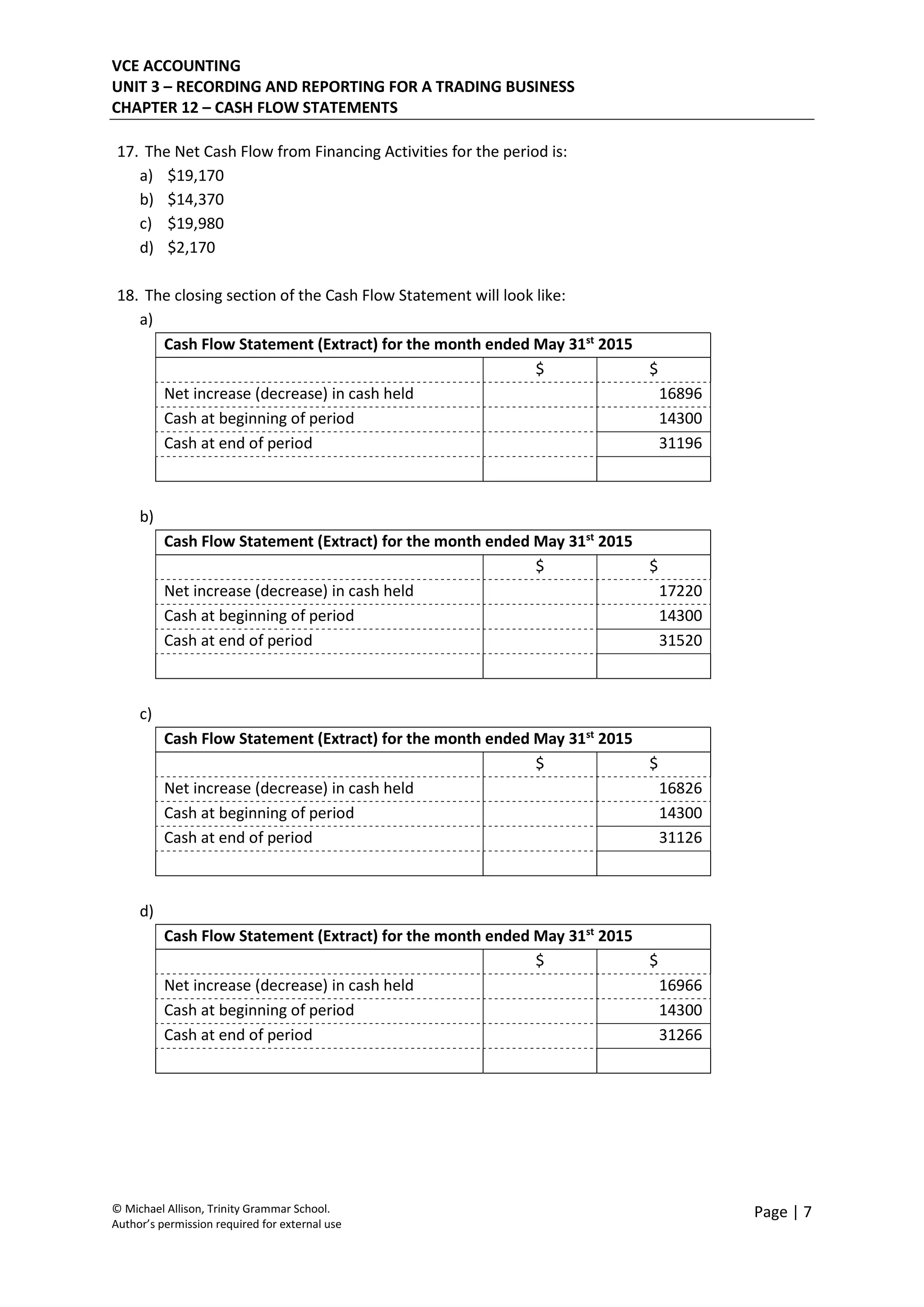 Chapter 12 Cash Flow Statements – Test | PDF