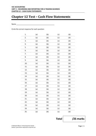 Chapter 12 Cash Flow Statements – Test | PDF