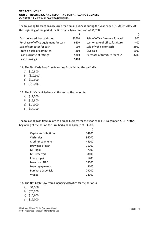 Chapter 12 Cash Flow Statements – Test | PDF