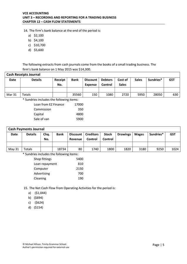 Chapter 12 Cash Flow Statements – Test | PDF