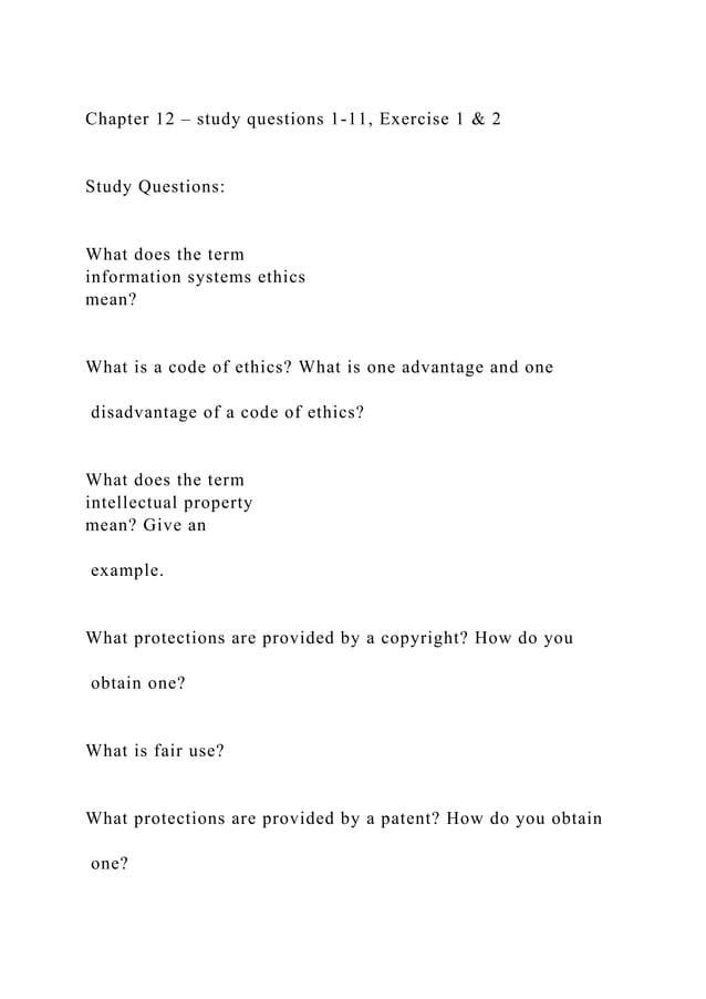 Chapter 12 – study questions 1-11, Exercise 1 & 2Study Questio.docx