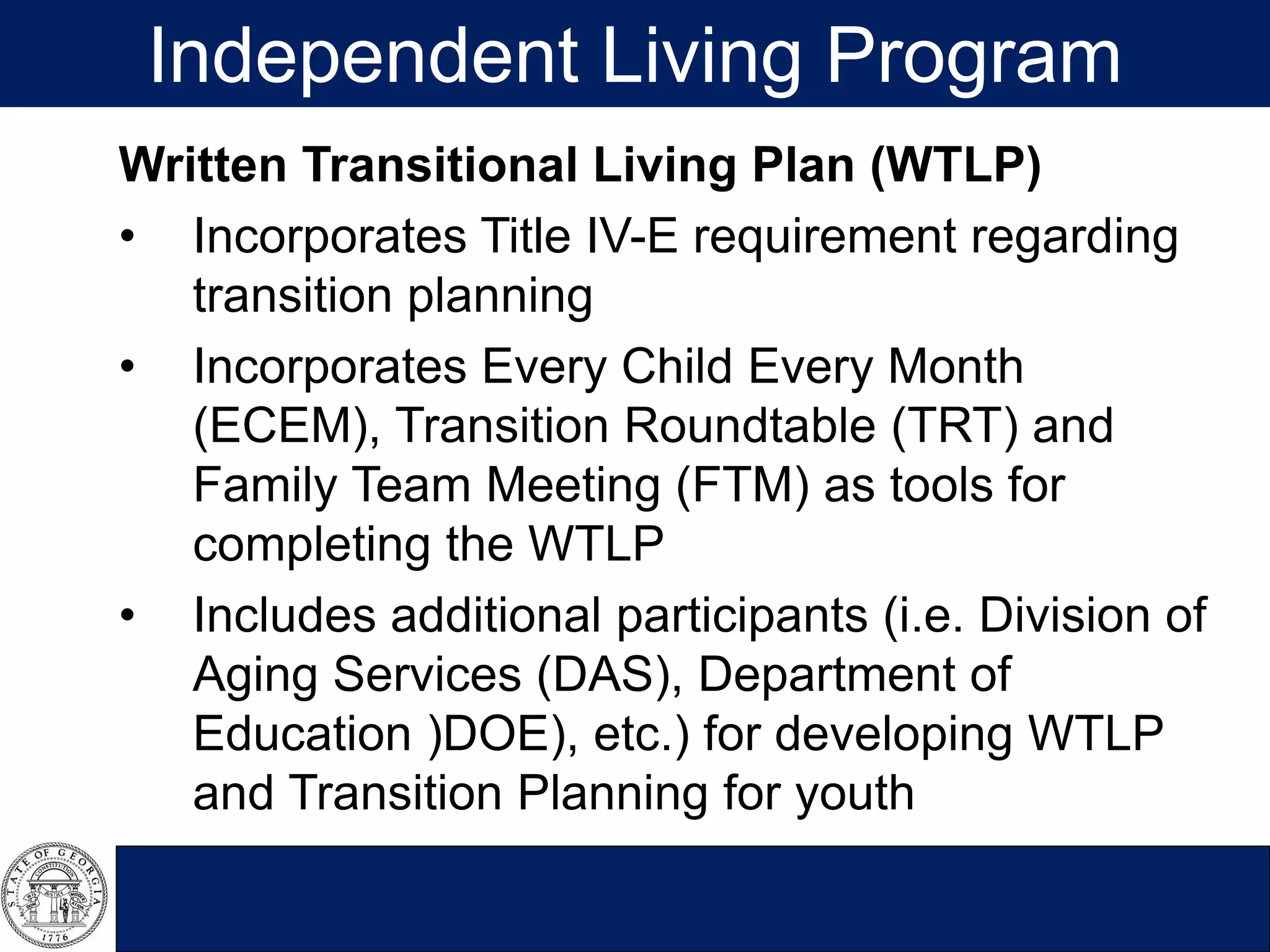 GA DFCS Child Welfare Policy Manual Chapter 13: Independent Living ...