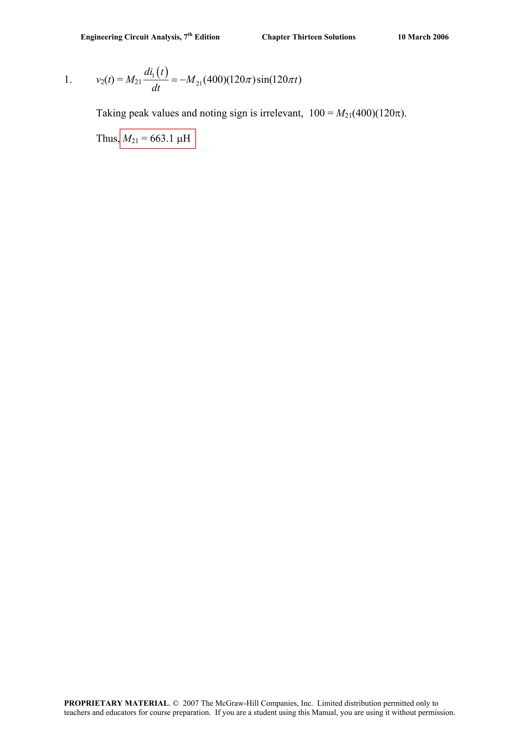 Chapter 13 solutions_to_exercises (engineering circuit analysis 7th) | PDF