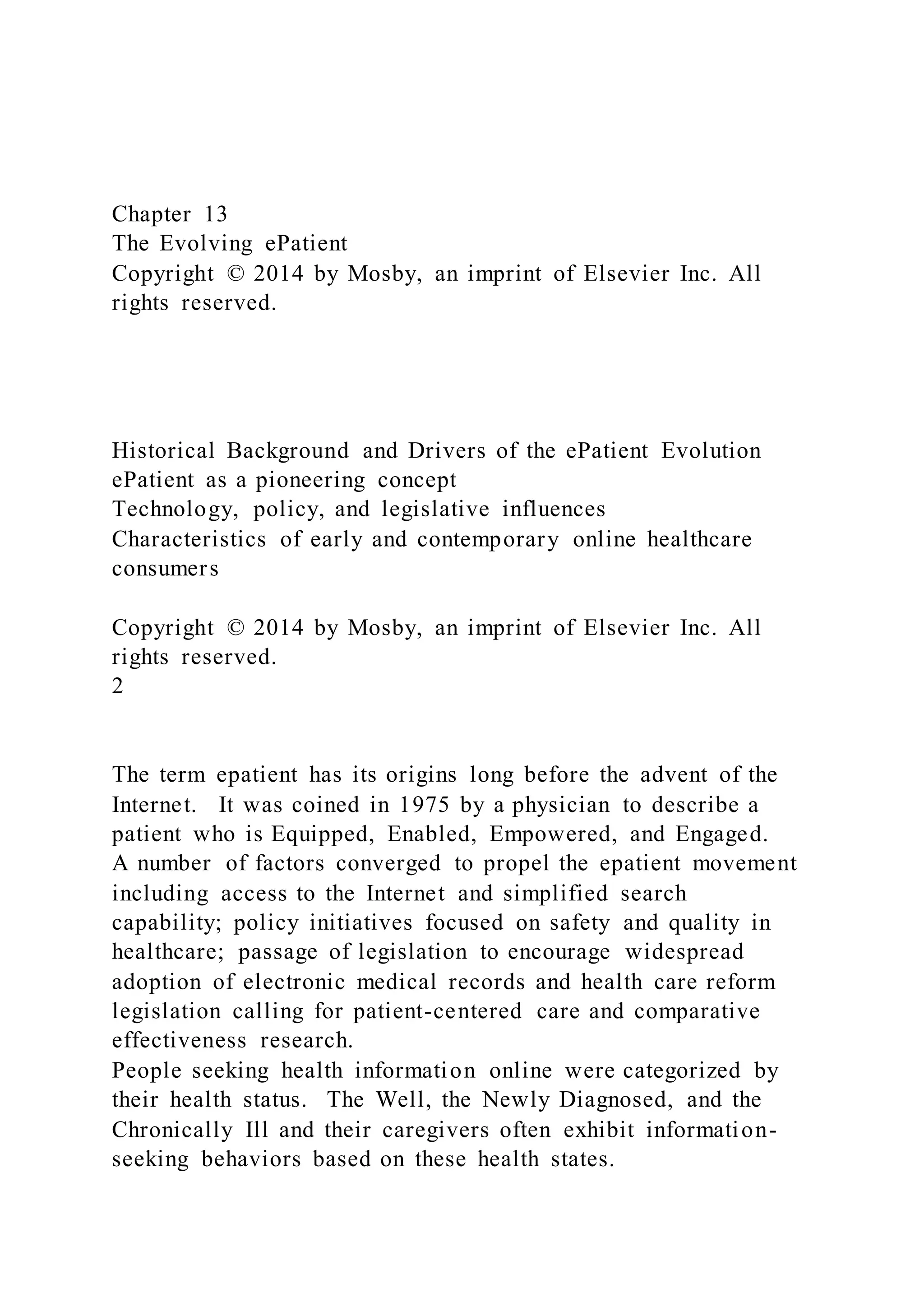 Chapter 13 The Evolving ePatientCopyright © 2014 by Mosby, a | PDF