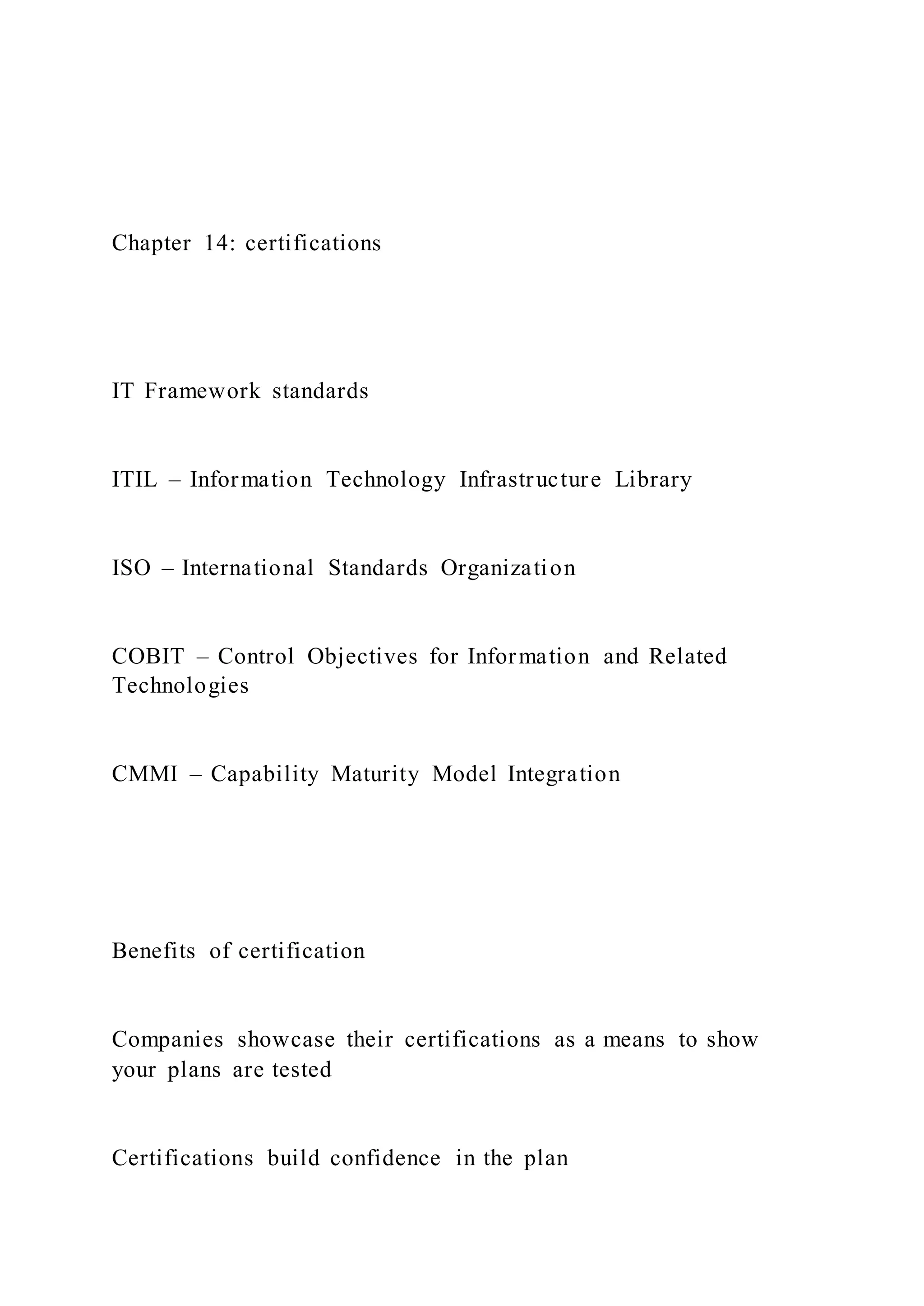 Chapter 14 certificationsIT Framework standards | DOCX