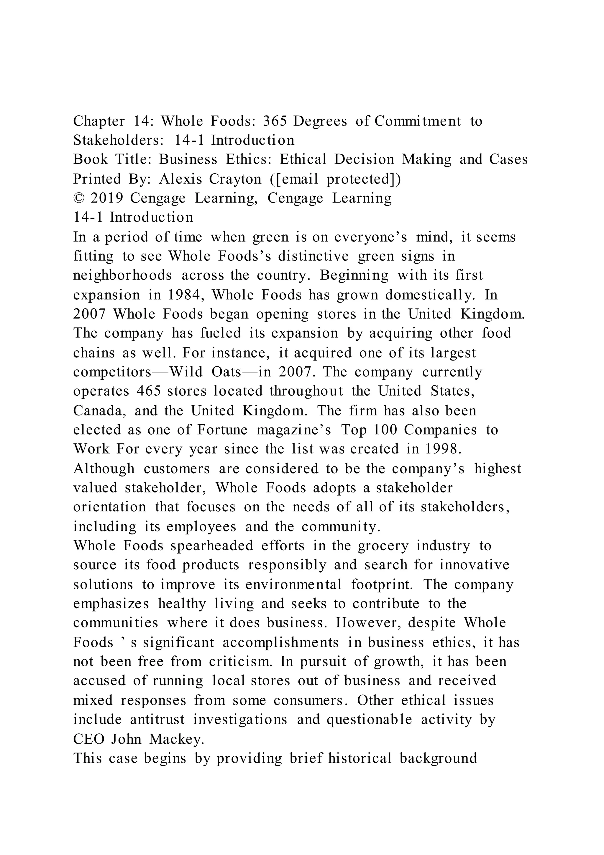 Chapter 14 Whole Foods 365 Degrees of Commitment to Stakeholders | DOCX ...