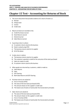 Chapter 15 Accounting for Returns - Test | PDF
